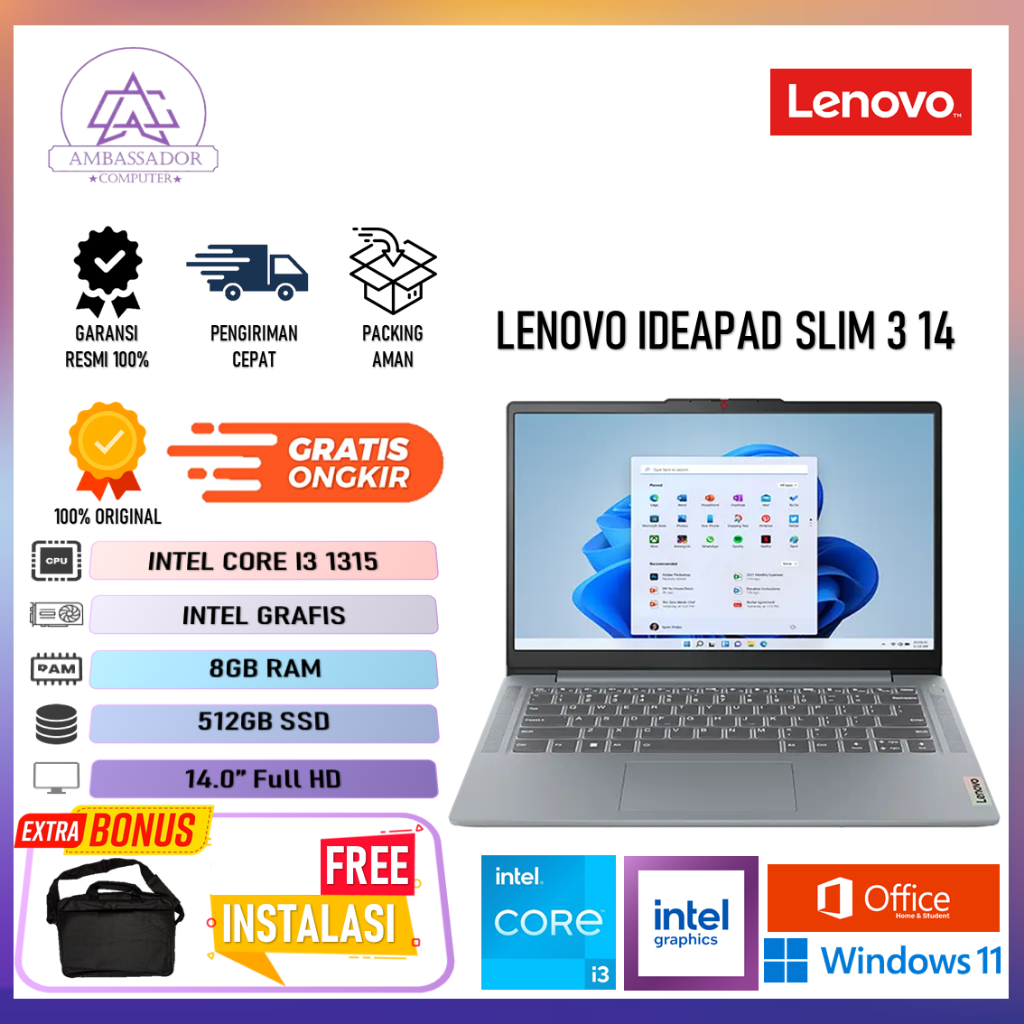 Jual Lenovo Ideapad Slim 3 Core i3 1315U 8GB 512SSD FHD 14 Inch Windows ...
