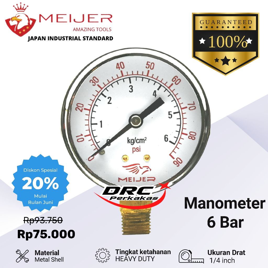 Jual Manometer 6 Bar MEIJER - Pressure Gauge Ukuran Angin Kompresor ...