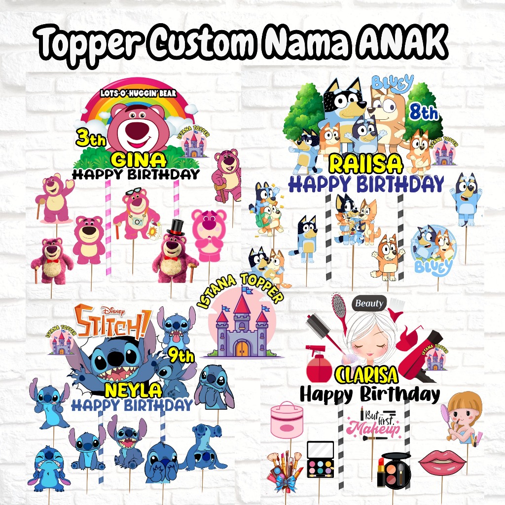 Jual Topper CUSTOM NAMA Tema Make Up, Lotso,Stitch, Kartun Anjing Bluey ...