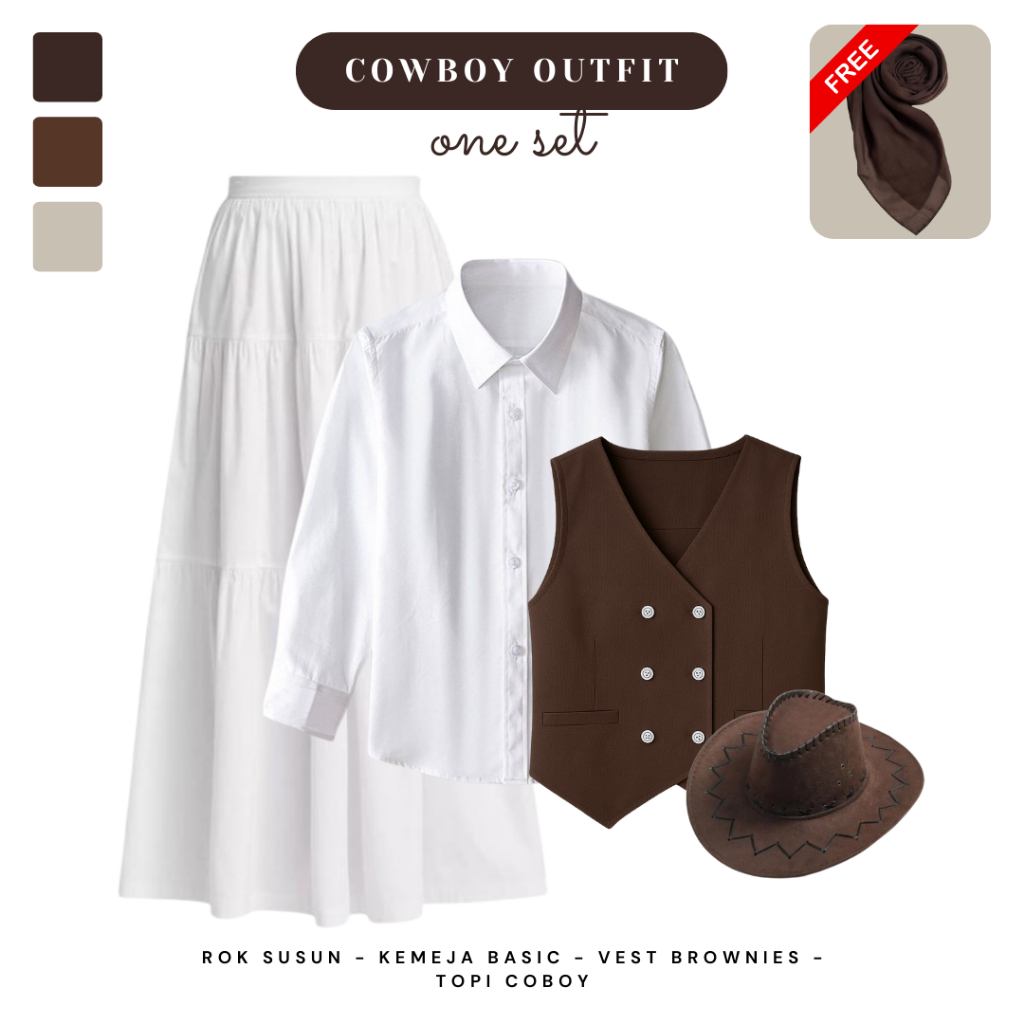 Jual One Set Cowboy Outfit Yearbook (Kemeja Basic, Vest Vintage, Rok ...