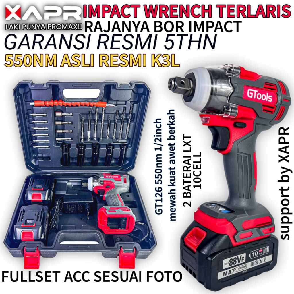 Jual GTOOLS IMPACT WRENCH TYPE GT126 550NM 2BATERAI 10CELL 88V LXT ...