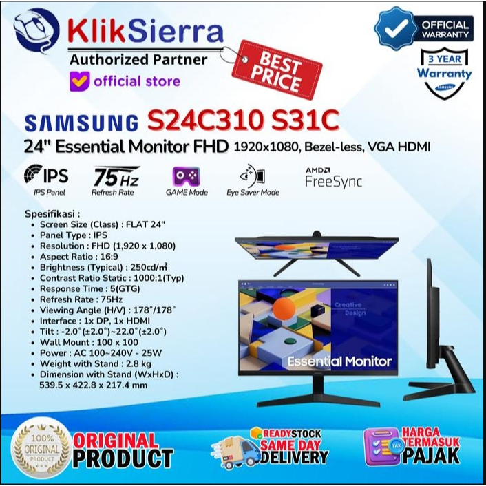 Jual SAMSUNG LS24C310 22" ESSENTIAL Monitor Flat 75Hz IPS 5GTG HDMI ...