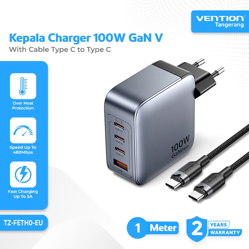 Jual Vention Adaptor Charger 100W Fast Charging GaN V 4in1 3 Port Type ...