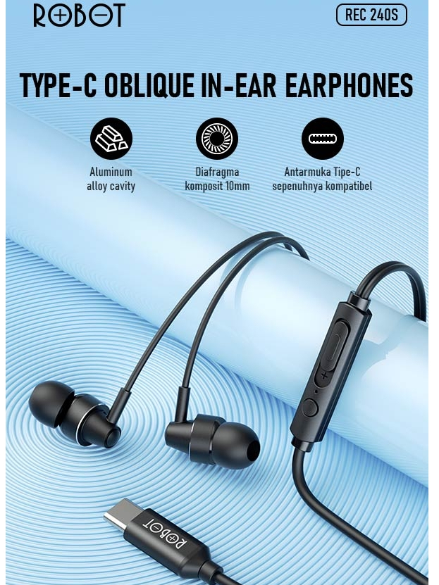 Jual ROBOT REC 240S Wired Earphone Type-C Plug High Definition Sound ...