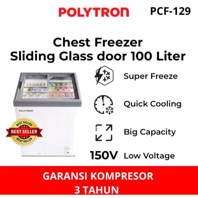 Jual POLYTRON CHEST FREEZER 100LITER SLIDING GLASS PCF 129 BOX PEMBEKU ...