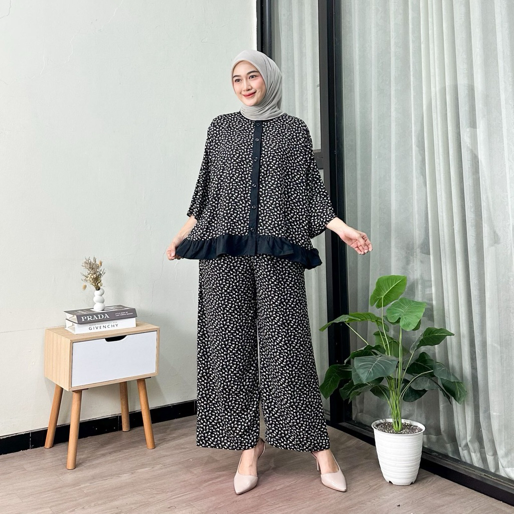 Jual Setelan Baju Aghnia Set Rayon Twill Atasan Rempel Celana Kulot ...