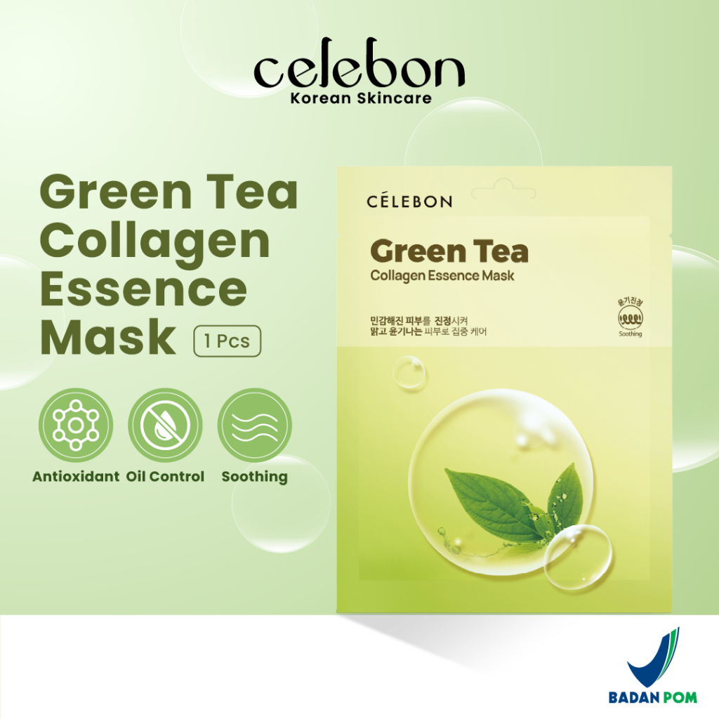 Jual CELEBON - Green Tea Collagen Essence Mask | Soothing Mask | Masker ...