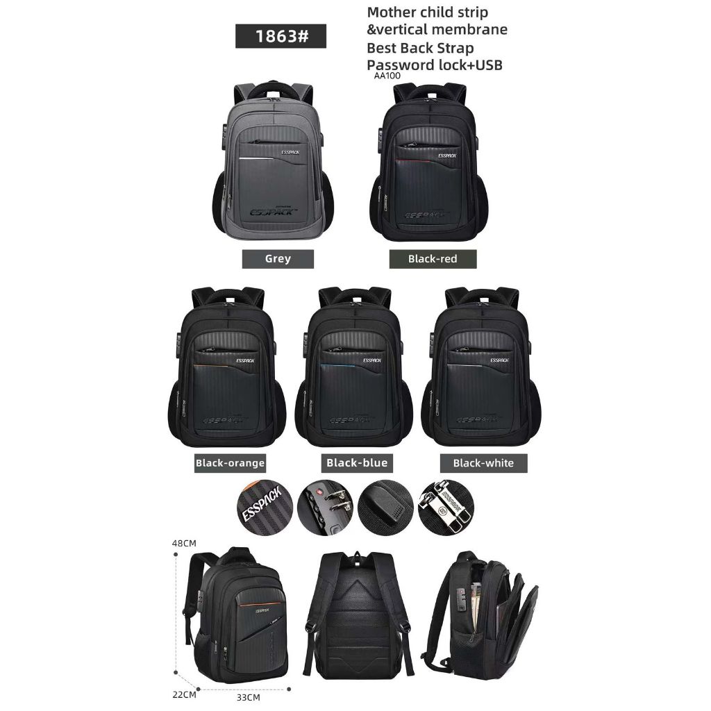 Jual ESSPACK Tas Ransel Laptop dengan USB Port + Kunci Password Anti ...