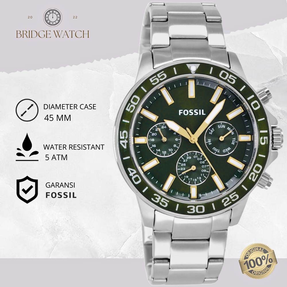 Jual Jam Tangan Fossil Pria BQ2492 Bannon Green Dial Chronograph Silver ...
