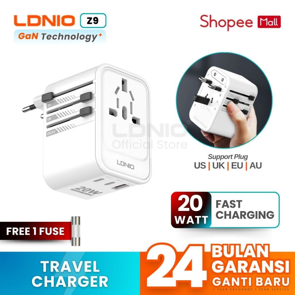 Jual LDNIO Z9 Travel Converter Adapter Universal GaN 20W PD + QC3.0 3 ...