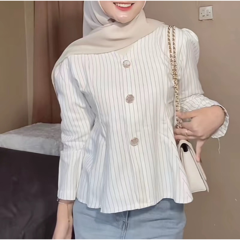 Jual Arika Blouse Strip Atasan Wanita Peplum Blouse Lengan Puff Salur ...