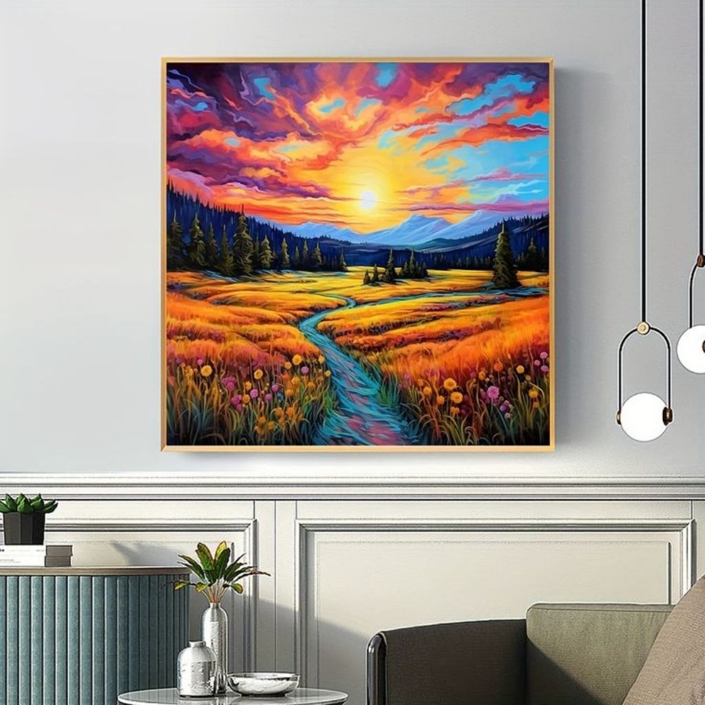 Jual Lukisan pemandangan langun senja dan pegunungan realis, hiasan ...
