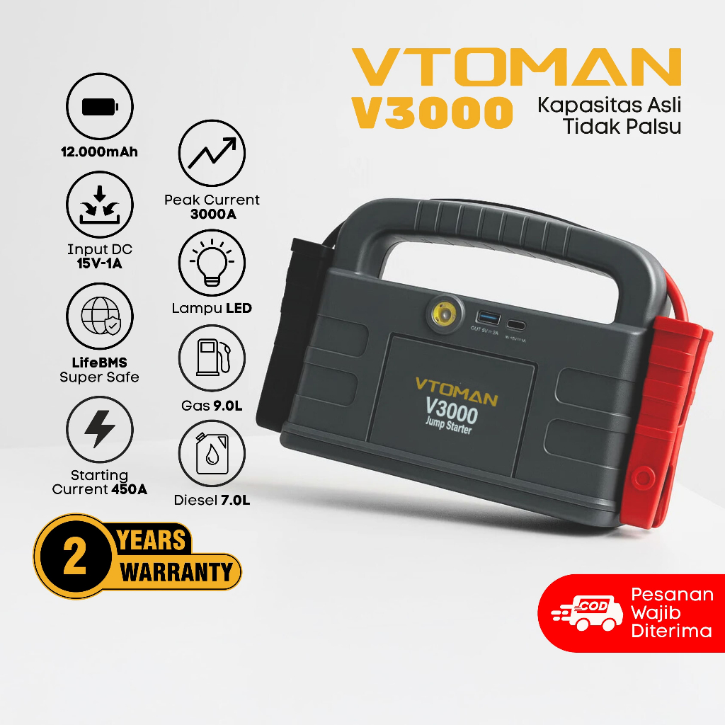 Jual VTOMAN V3000 Jumper Aki 12000mAh 12V Powerbank Jumper Aki Mobil ...