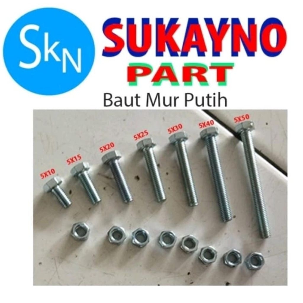 Jual Baut+mur Putih (bmp) m5x10-m5x50,kunci 8 | Shopee Indonesia