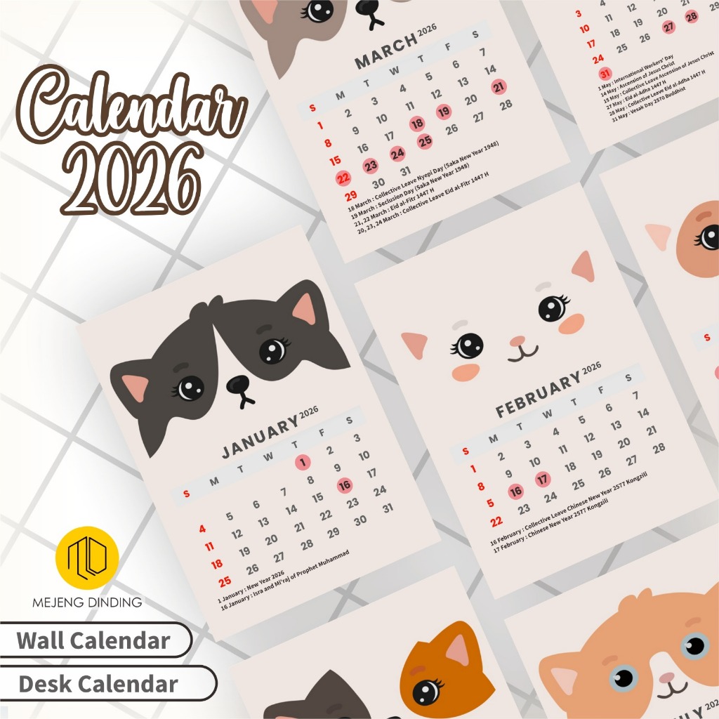 Jual Kalender Dinding Kucing Aesthetic 2026 / Kalender Meja Aesthetic ...