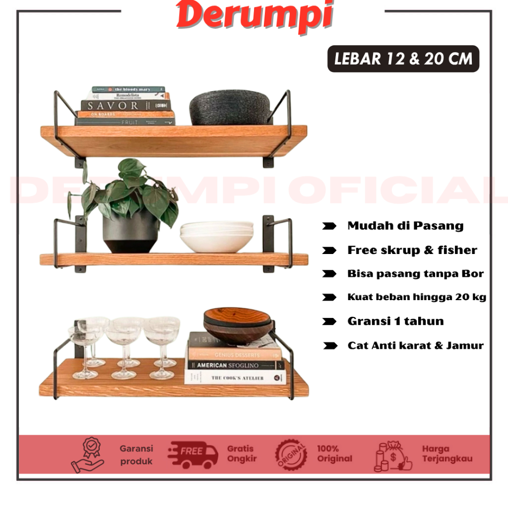 Jual [COD-TERMURAH] Rak Ambalan dinding extra lebar 20 cm Hiasan ...