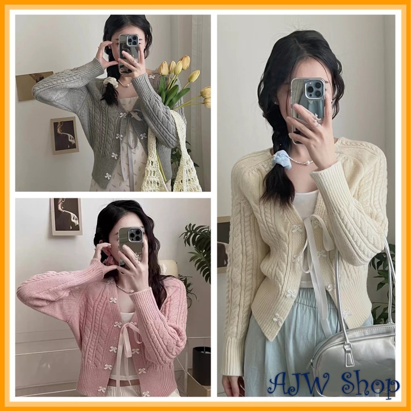 Jual AJW Cardigan Wanita Rajut Woll Korean Style V-Neck Variasi Ribbon ...