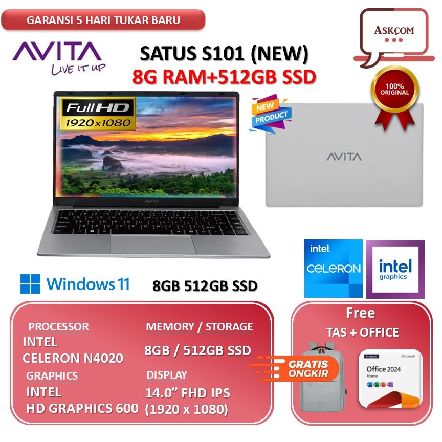 Jual Laptop AVITA SATUS S101 INTEL N4020 8GB RAM 512GB SSD 14.0FHD IPS ...