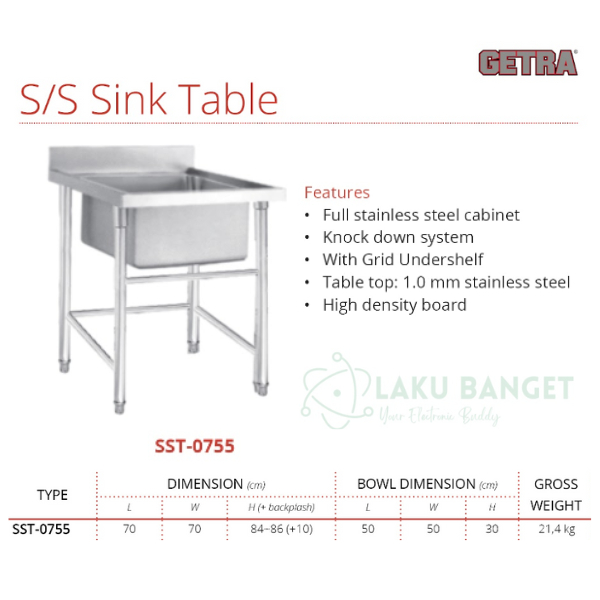 Jual Stainless Single Sink Table GETRA SST-0755 / Meja Sink Stainless ...