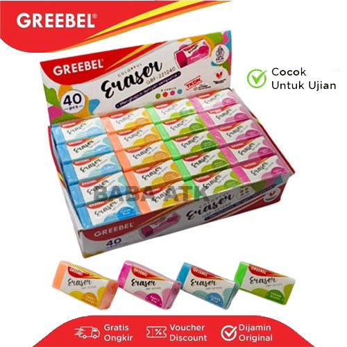Jual Eraser / Penghapus Pensil GREEBEL Warna-Warni 1 Pak isi 40 Pcs 4 ...