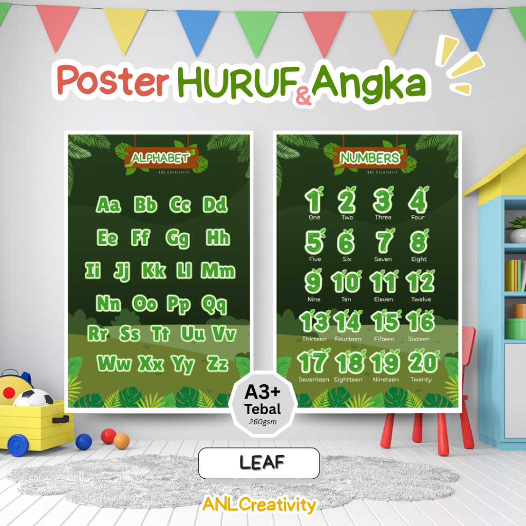 Jual ANL Poster Edukasi Anak Premium Poster HURUF ANGKA Tema LEAF Bahan ...