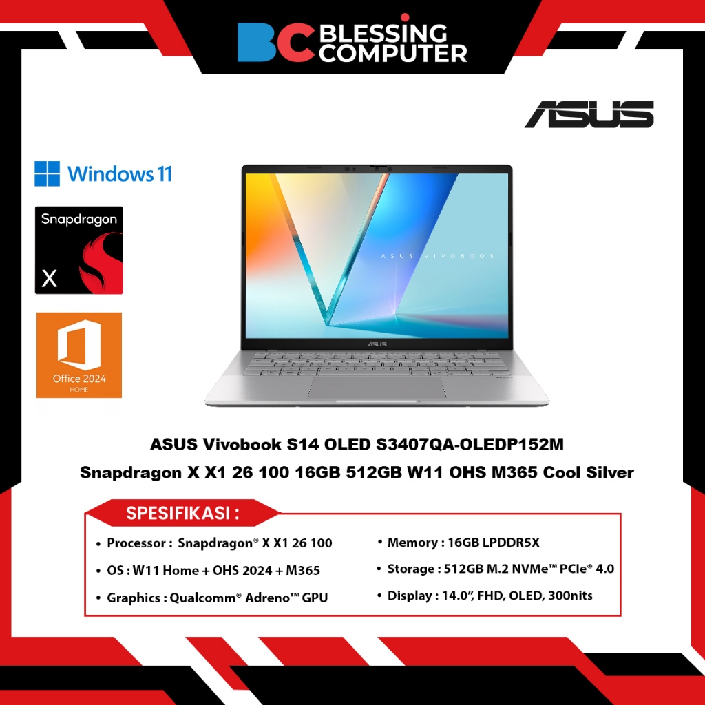 Jual ASUS Vivoobook S14 OLED S3407QA OLEDP152M Snapdragon X X1 26 100 ...