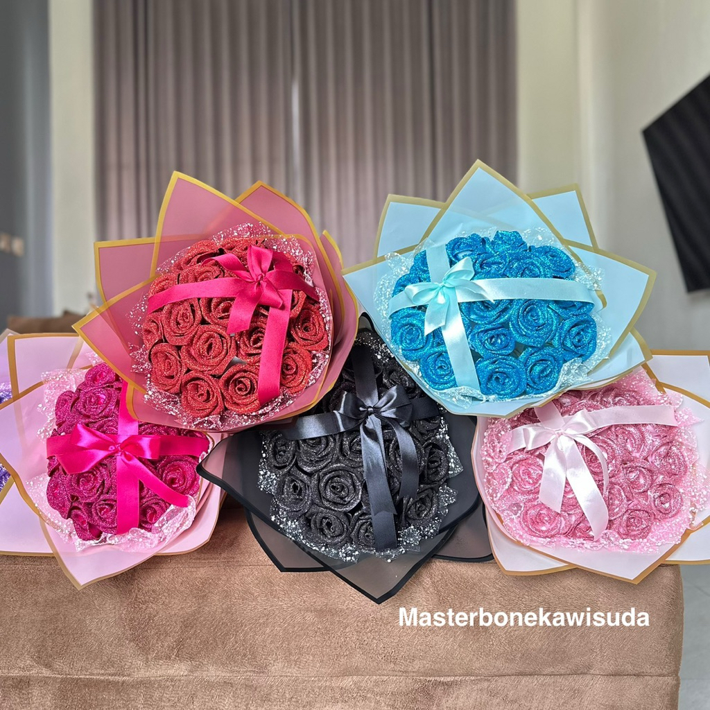 Jual Ready stock // BUKET BUNGA MAWAR PITA SATIN // glitter / buket ...