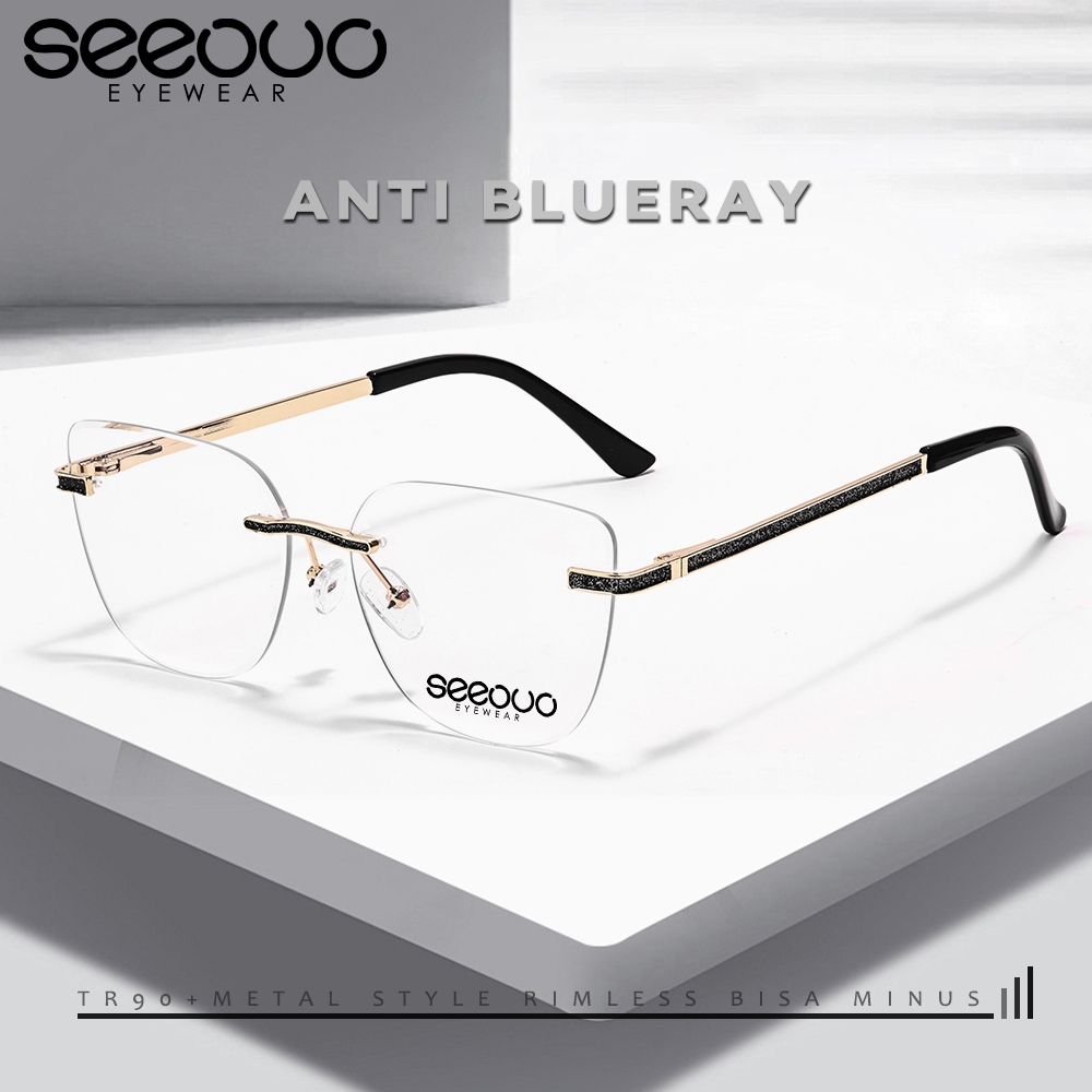 Jual Seeouo Rimless Kacamata Model Cat Eye Stylish Wanita Ringan Metal ...