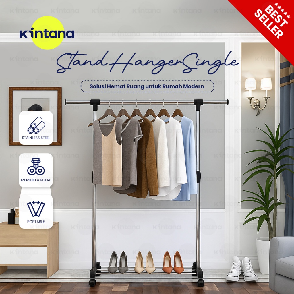 Jual Kintana Stand Hanger Gantungan Baju Dengan 4 Roda Bahan Stainless ...