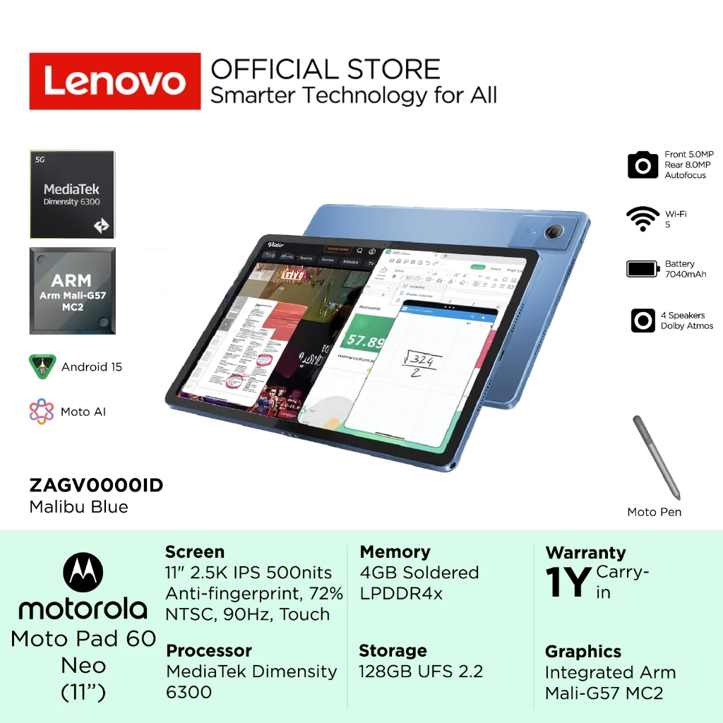 Jual Motorola Moto Pad 60 Neo 00ID MediaTek Dimensity 6300, Integrated ...