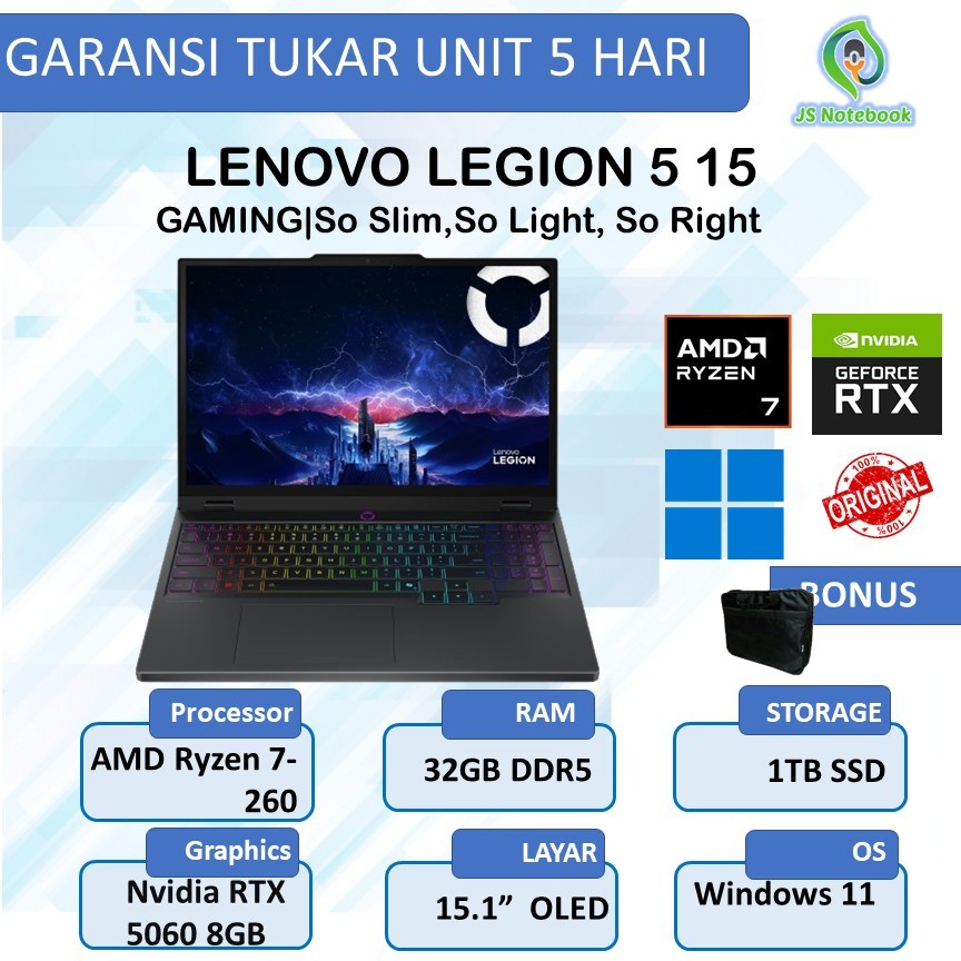 Jual LENOVO LEGION 5 15 OLED RYZEN 7 260 RTX5060 8GB/ 32GB 1TB W11 15 ...