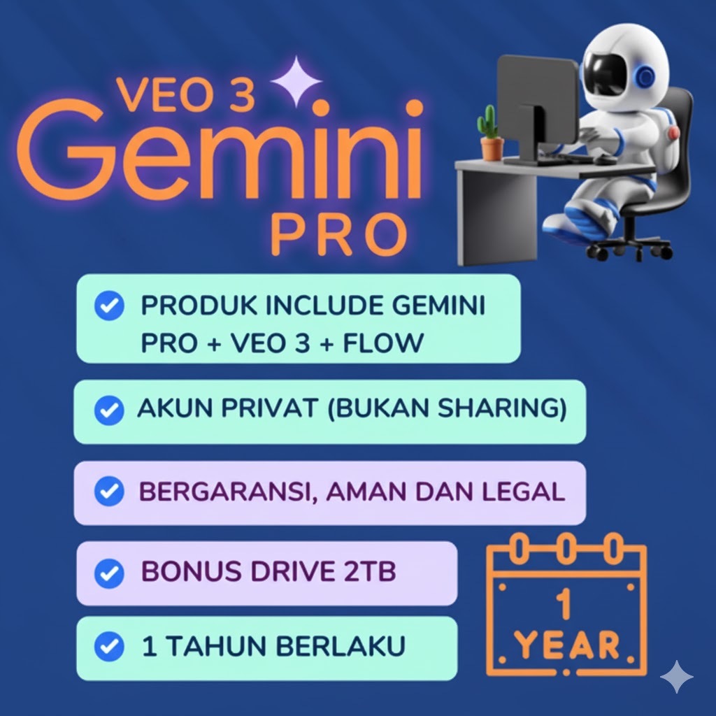 Jual Akun Gemini Premium AI Pro + Veo 3 | 1 TAHUN | Resmi Privat Garansi + 2TB | Shopee Indonesia