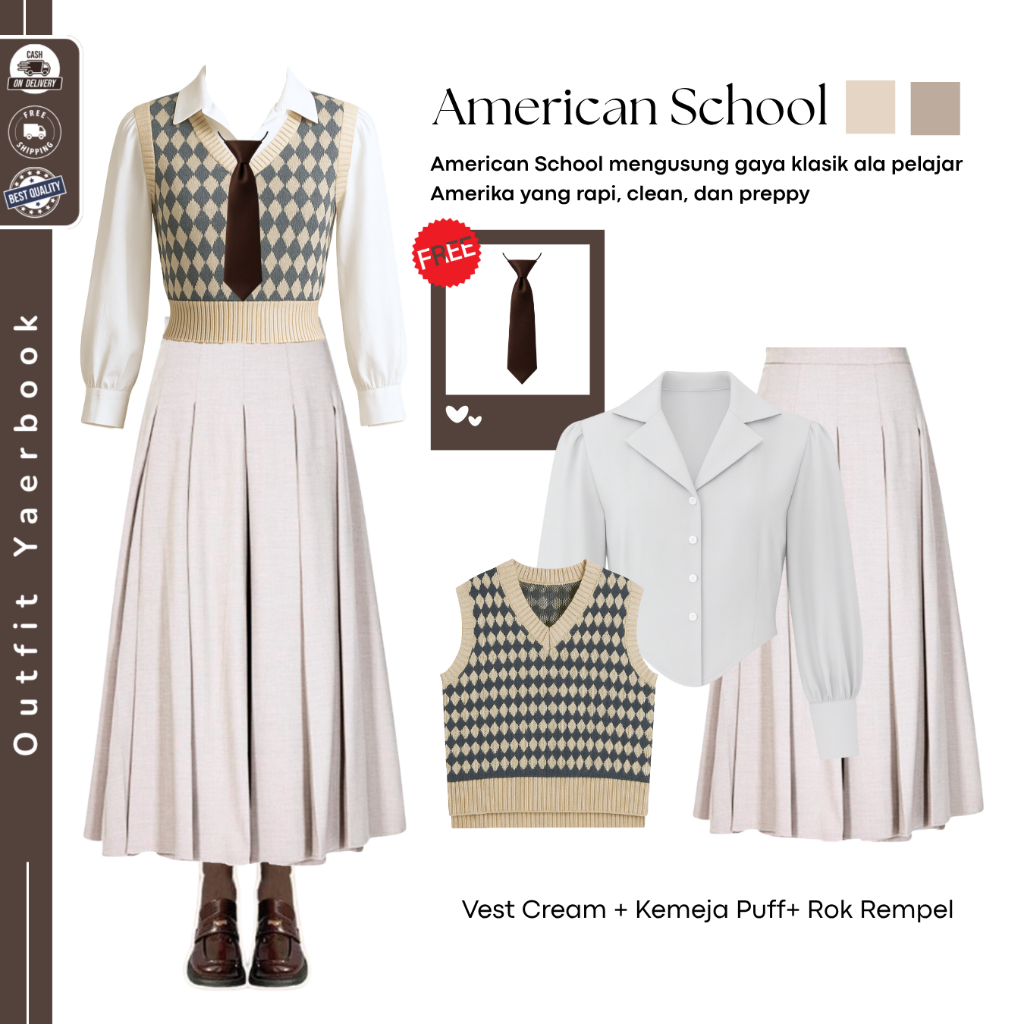 Jual One Set Outfit Yearbook Vintage (Vest Cream + Kemeja + Rok Rempel ...