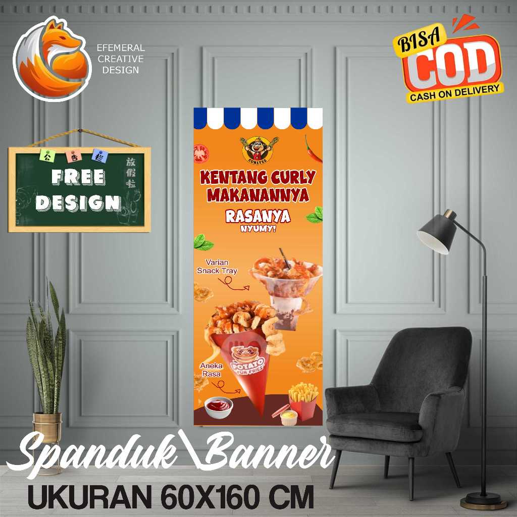 Jual SPANDUK BANNER 60X160 CM KENTANG CURLY FREE DESIGN,BISA REQUEST ...