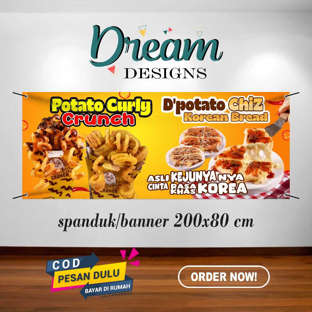 Jual Spanduk Banner 200x80 cm desain kentang curly & potato korea ...