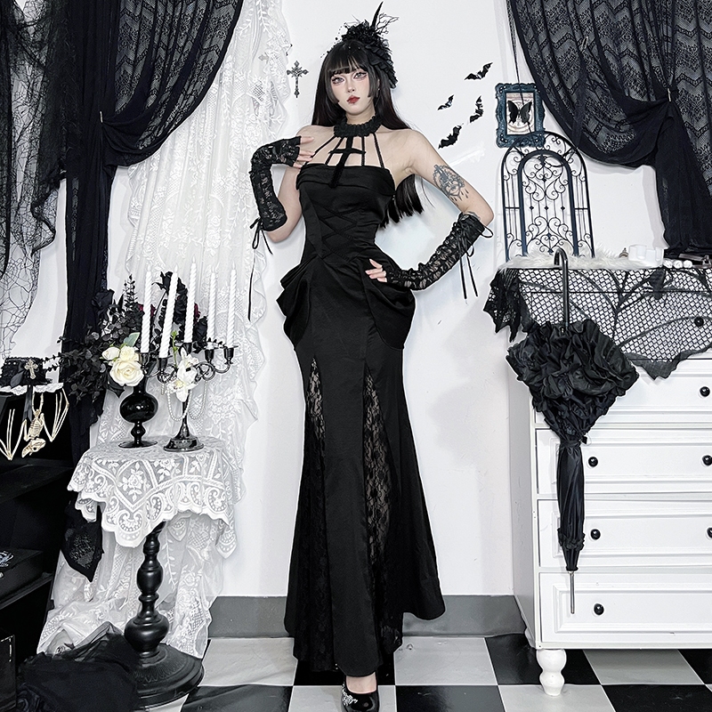 Jual GOTH Women Gothic Vintage Maxi Sheath Dress Halter Neck Plain ...