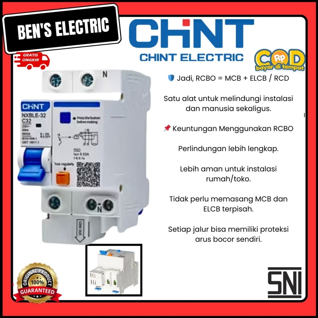 Jual Chint RCBO + MCB anti kontak NXBLE-63 1P+N 16 25 32 A 6kA | Shopee ...