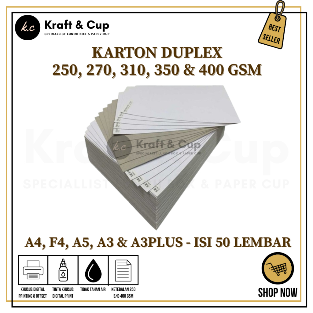 Jual [50 LBR] Karton Duplex 250, 270, 310, 350 & 400 GSM ukuran A4, F4 ...