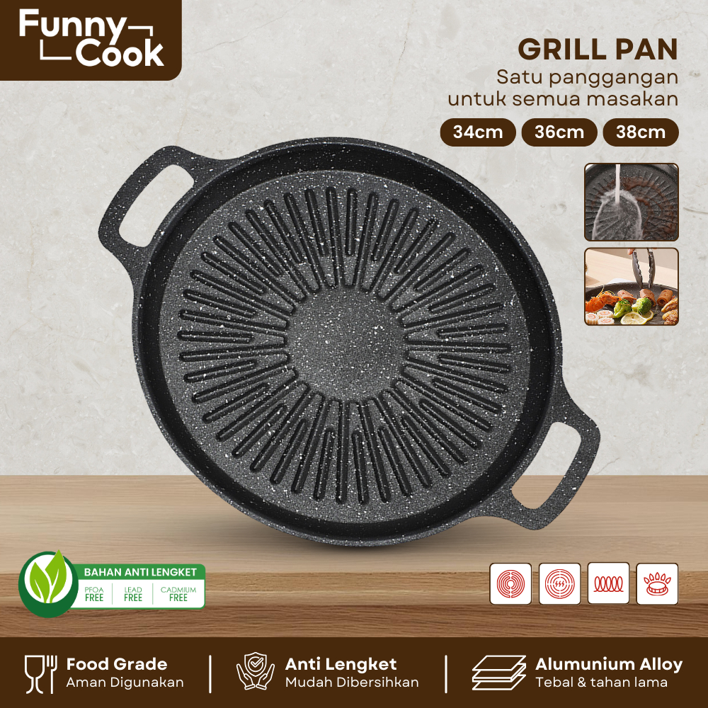 Jual FUNNYCOOK Grill Pan 34 CM Wajan Pemanggang Bulat Panggangan BBQ ...