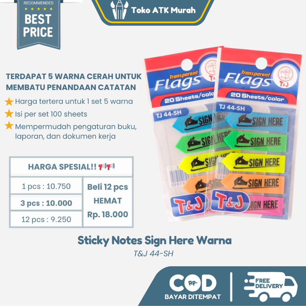 Jual T&J Transparent Flags Sticky Note Sign Here TJ 44-SH 5 Warna - 20 ...