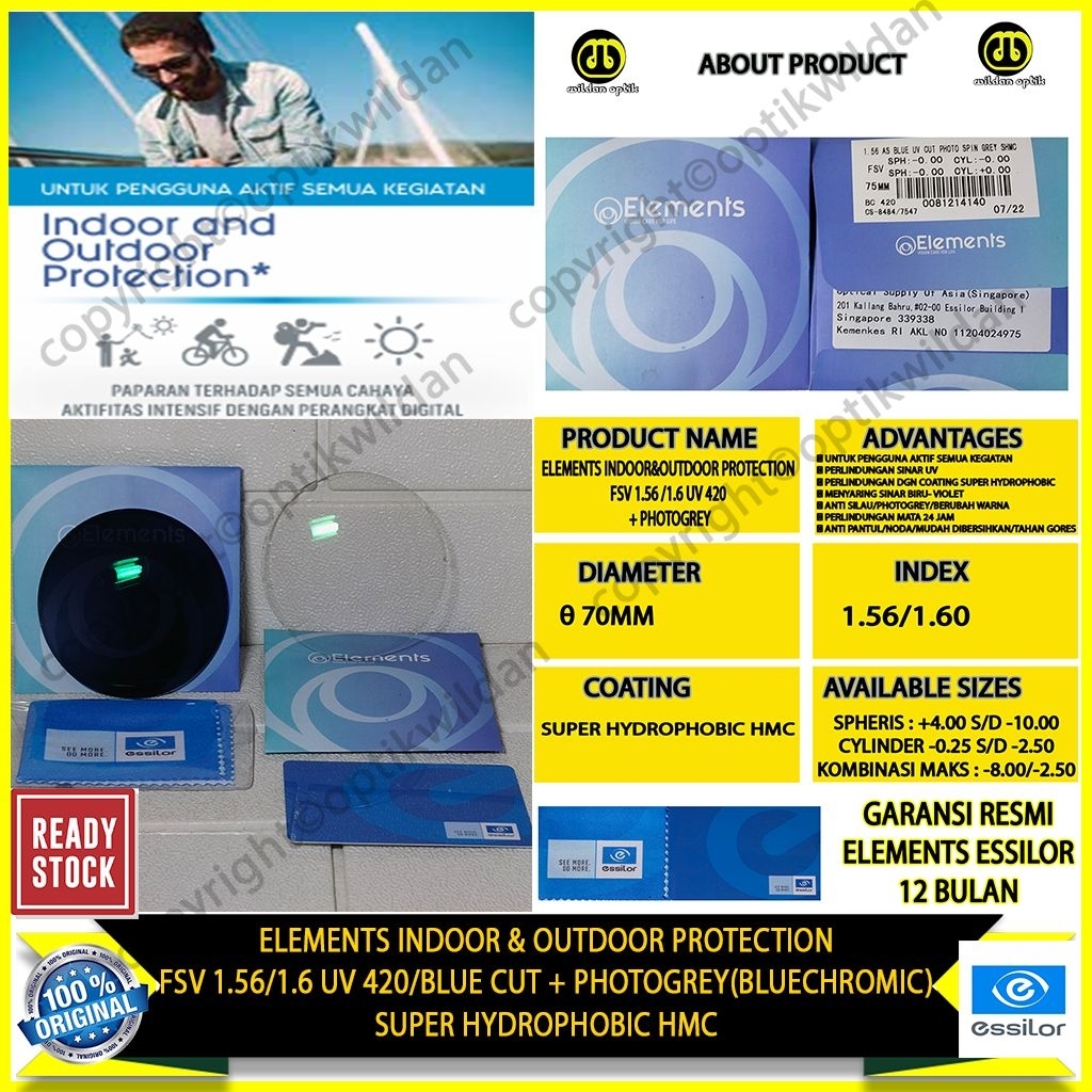 Jual ELEMENTS ESSILOR LENSA BLUECHROMIC FSV 1.56/1.6 UV420+PHOTOGREY ...