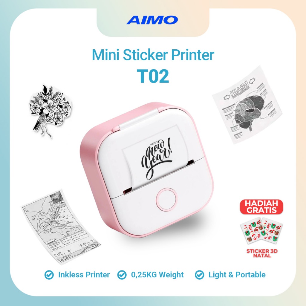 Jual AIMO T02 Mini Stiker Thermal Printer Bluetooth Inkless Pocket 50 ...