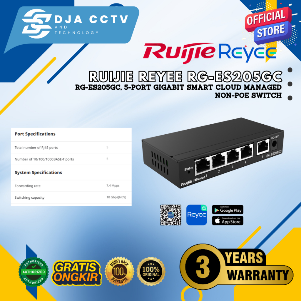 Jual Ruijie RG-ES205GC, 5-Port Gigabit Smart Cloud Managed Non-PoE ...