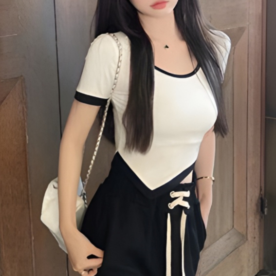 Jual 99kOUTLET One Set Crop Top Round Neck Atasan Lengan Pendek ...