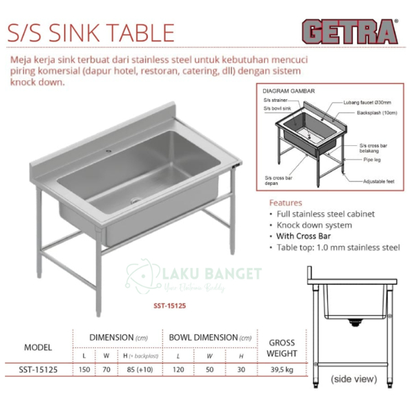 Jual Single Sink Stainless Steel 150 CM GETRA SST-15125 / Sink 1 Bowl 1 ...