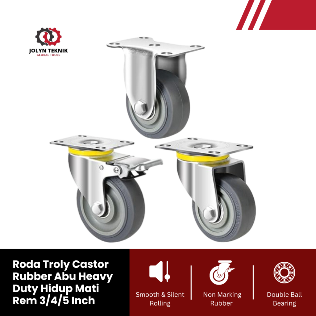Jual RODA TROLY CASTER RUBBER ABU ETALASE KARET TEBAL DOUBLE BEARING 3 ...