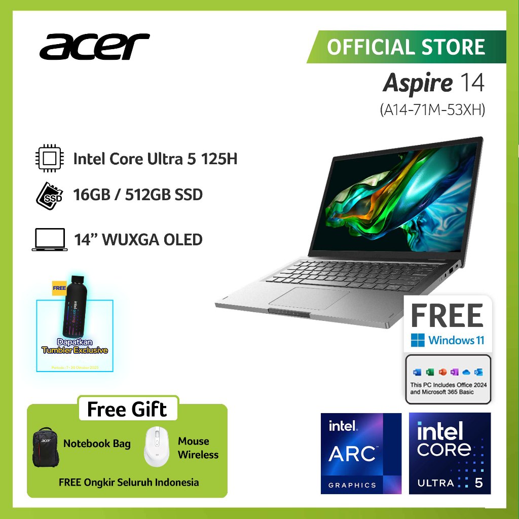 Jual (FREE MOUSE WIRELESS & TUMBLER) ACER LAPTOP ASPIRE 14 AI OLED A14-71M-53XH 14" WUXGA INTEL ...
