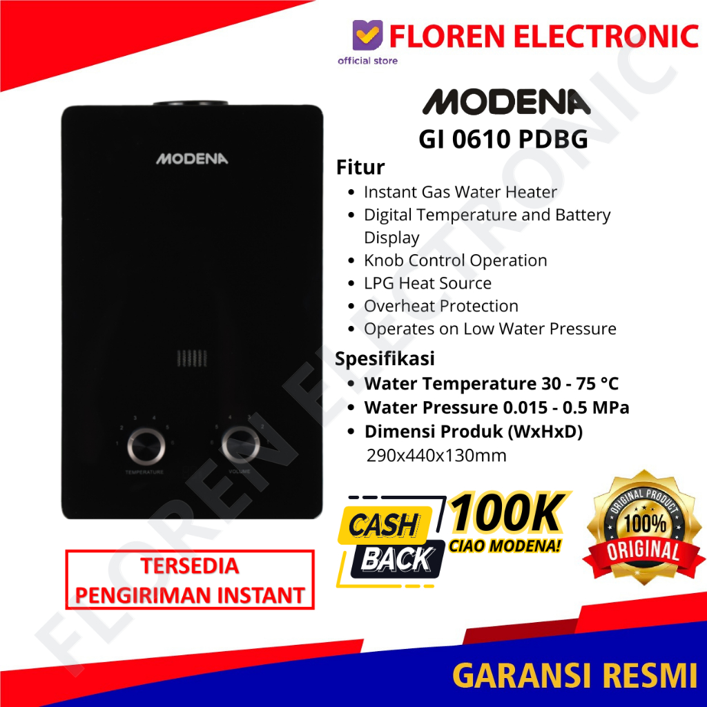 Jual MODENA Gas Water Heater Instant GI 0610 PDBG / GI 0610PDBG 6 Liter ...