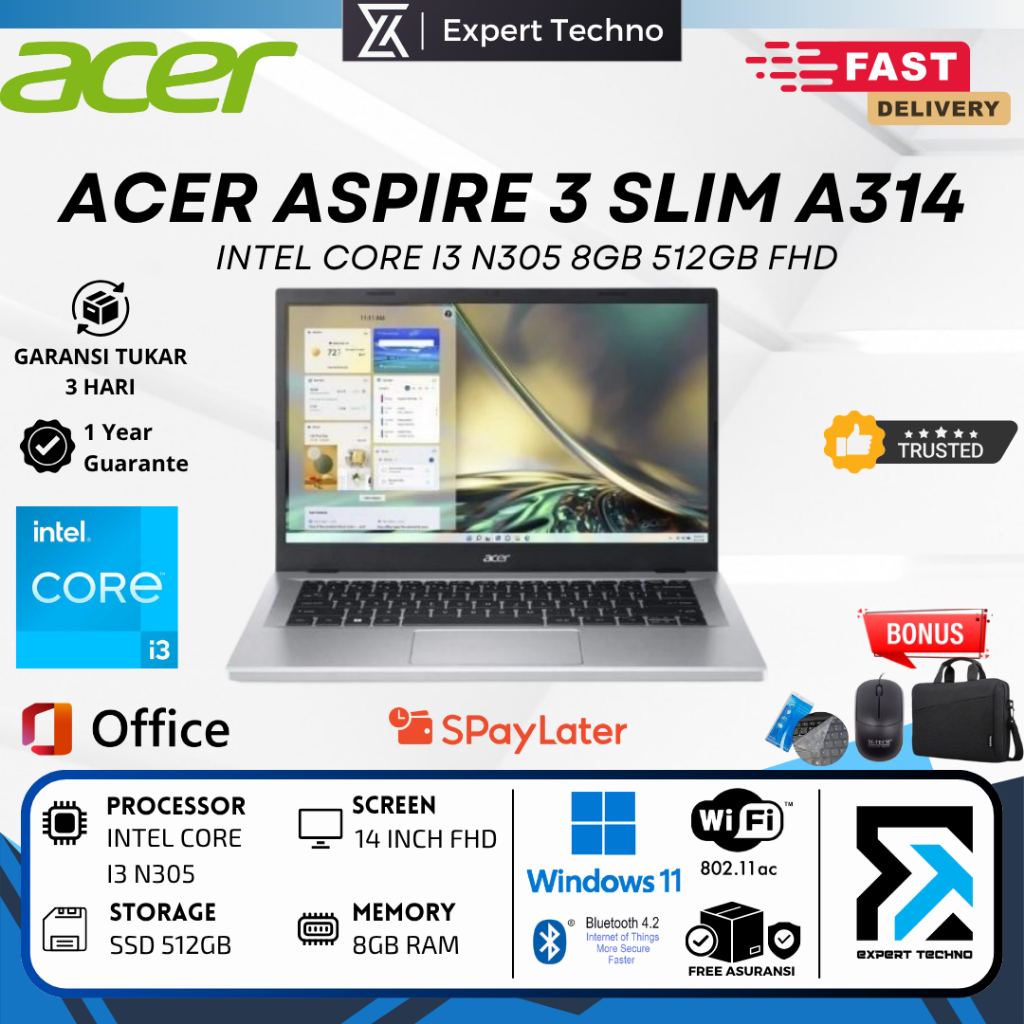 Jual ACER ASPIRE 3 SLIM A314 36M CORE I3 N305 8GB RAM 512GB SSD 14" FHD ...