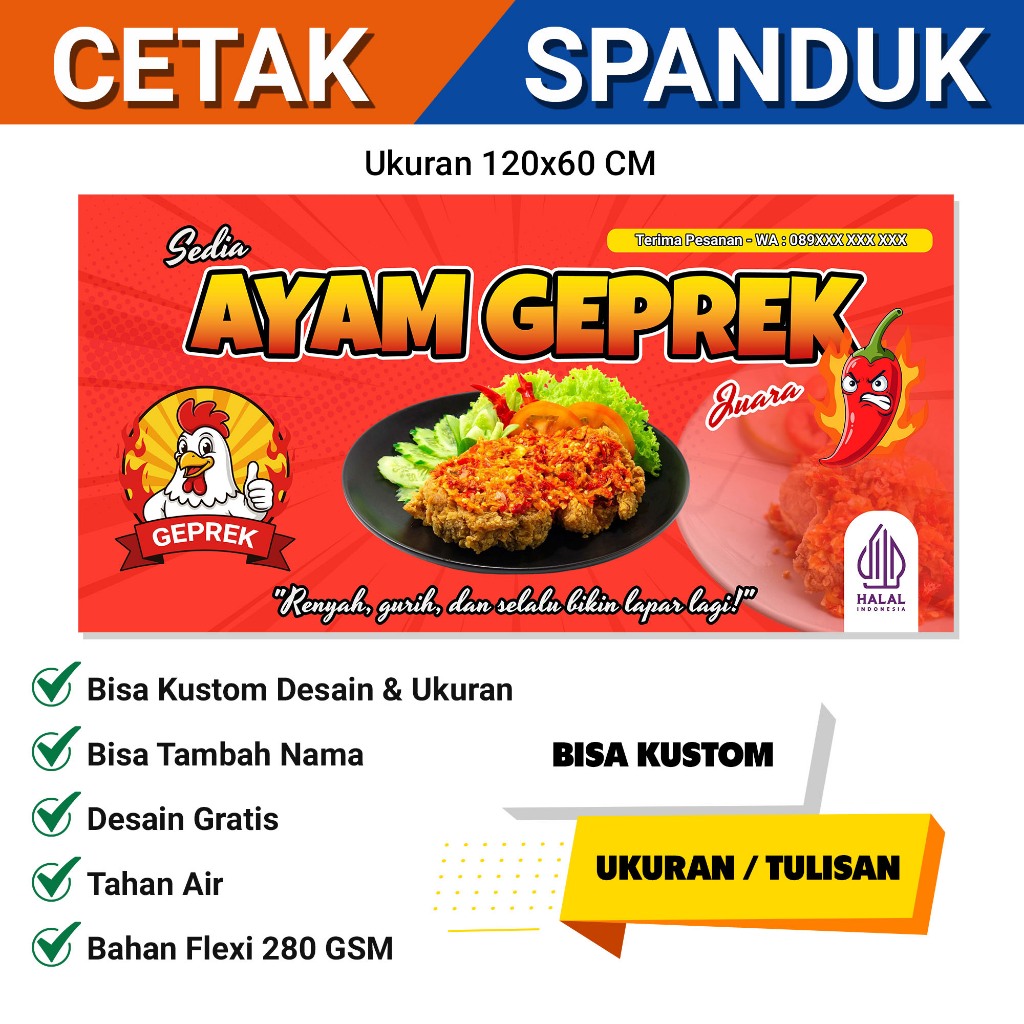 Jual Spanduk Banner Ayam Geprek Kekinian Warna Merah Ukuran 120x60 CM ...